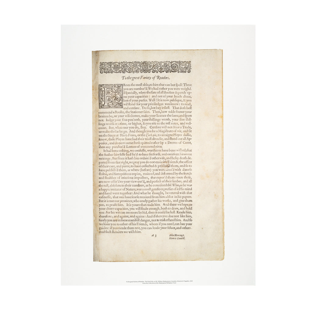 First Folio Print 'To the great Variety of Readers' – Shakespeare Shop