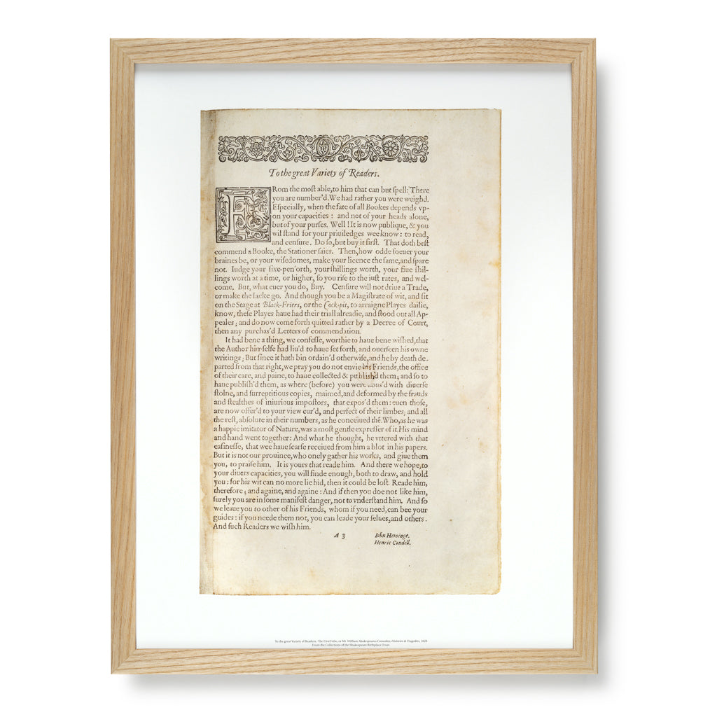 Framed First Folio Print 'To the great Variety of Readers ...